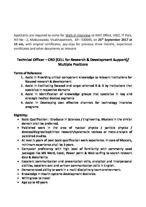 Technical Officer - CRD - KALAM INSTITUTE OF HEALTH TECHNOLOGY