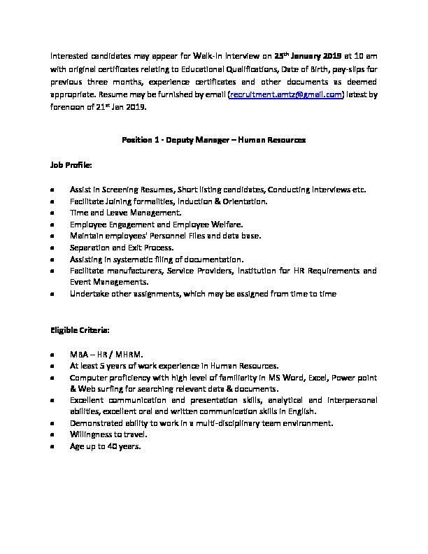 Deputy Manager - HR - KALAM INSTITUTE OF HEALTH TECHNOLOGY