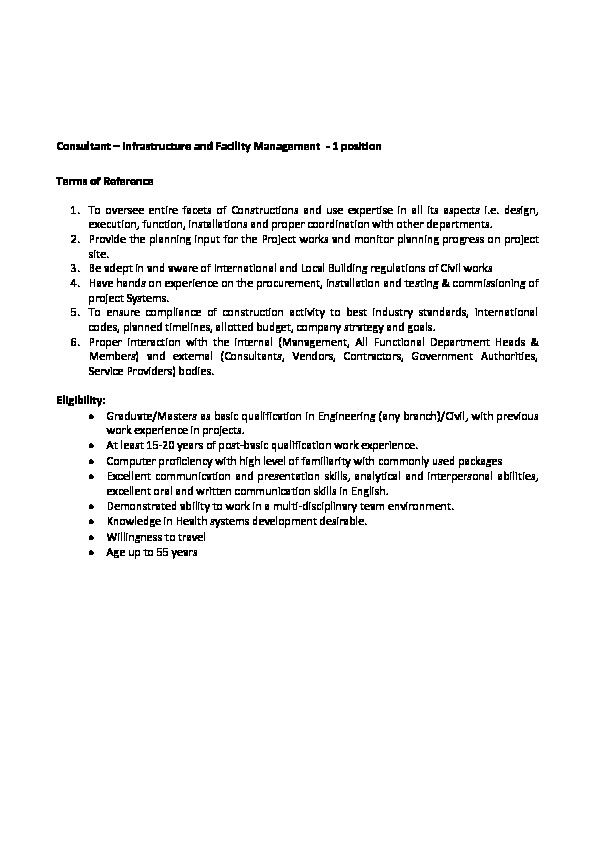 Consultant - Infrastructure & Facility Management - KALAM INSTITUTE OF ...