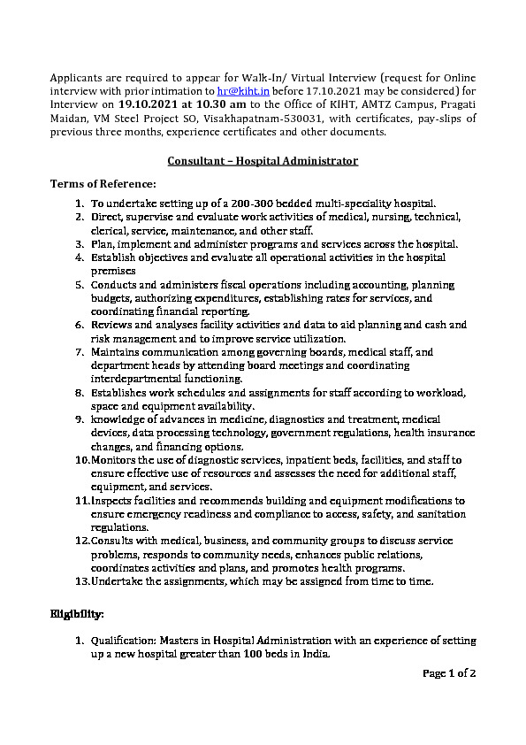 Consultant- Hospital Administrator - KALAM INSTITUTE OF HEALTH TECHNOLOGY