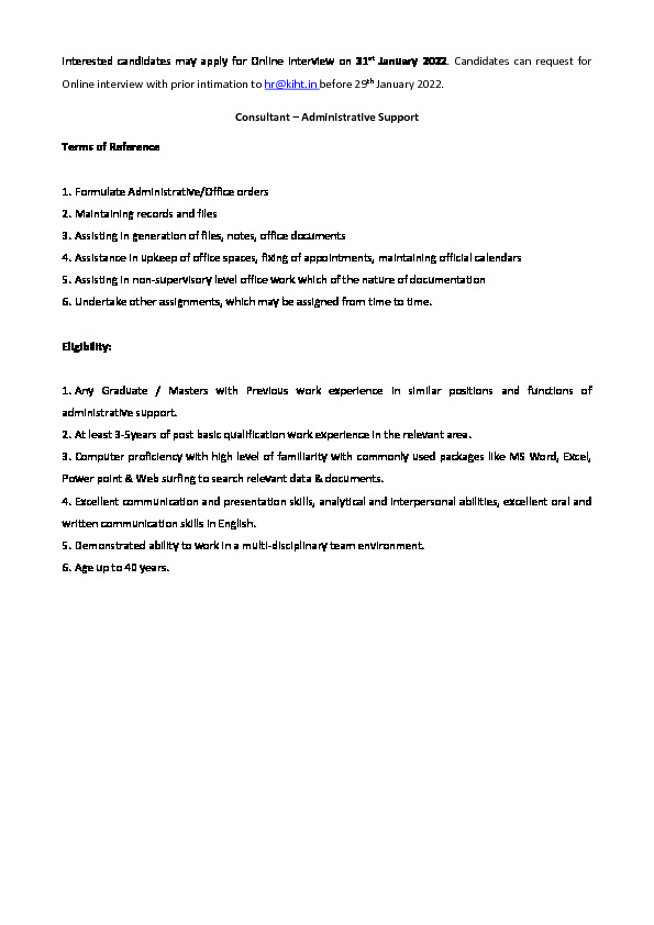 Consultant - Administrative Support - ToR - KALAM INSTITUTE OF HEALTH ...