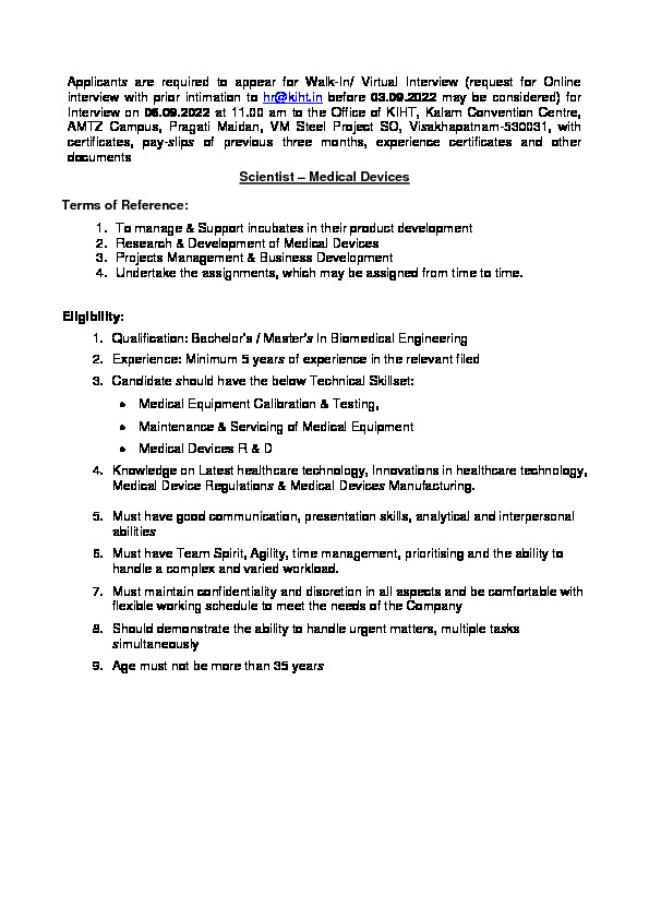 Scientist - Medical Devices - KALAM INSTITUTE OF HEALTH TECHNOLOGY