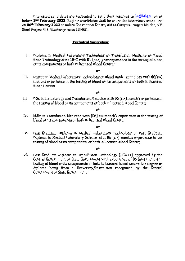 Technical Supervisor - KALAM INSTITUTE OF HEALTH TECHNOLOGY