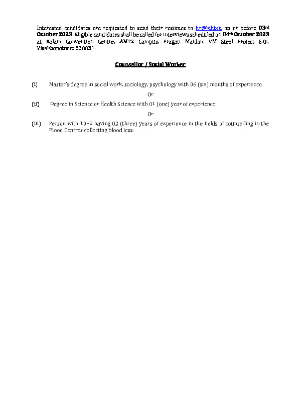 Counsellor -Social Worker - KALAM INSTITUTE OF HEALTH TECHNOLOGY